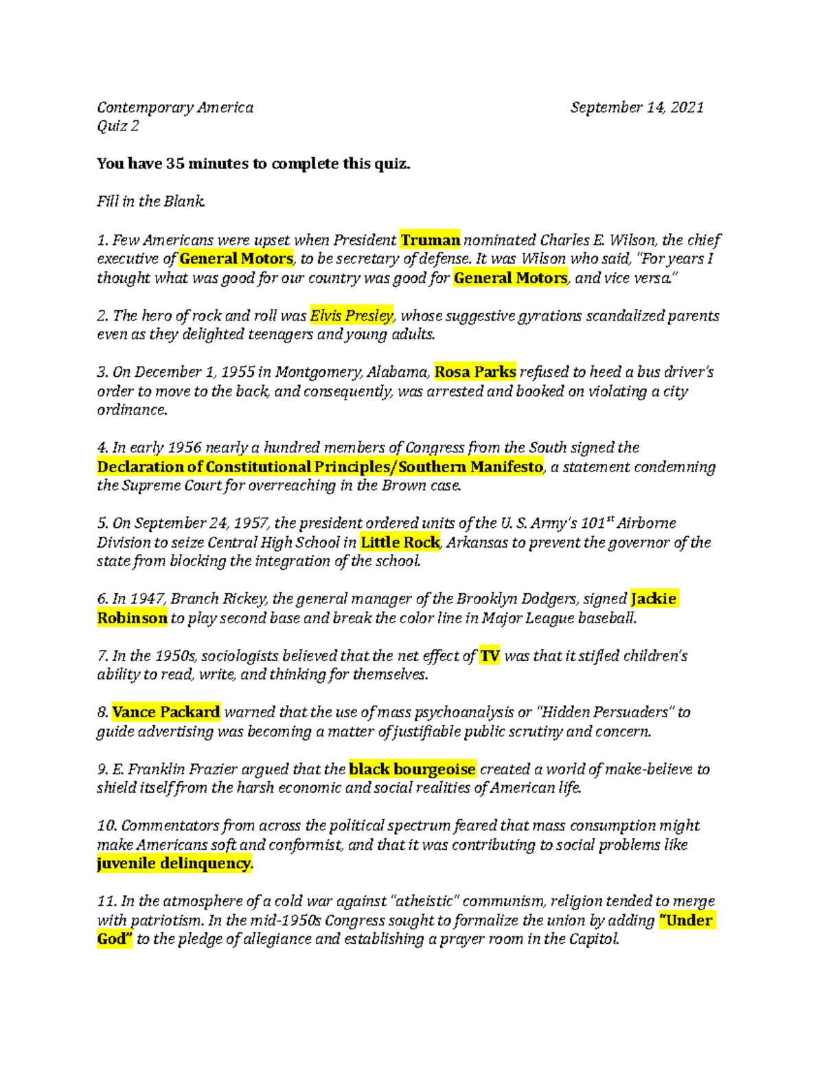 Quiz 2 for class - Contemporary America September 14, 2021 Quiz 2 You ...