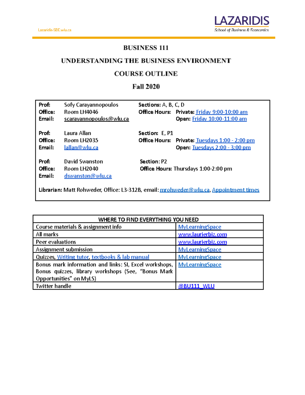 F20 BU111 Course Outline - All Sections - Prof: Sofy Carayannopoulos ...