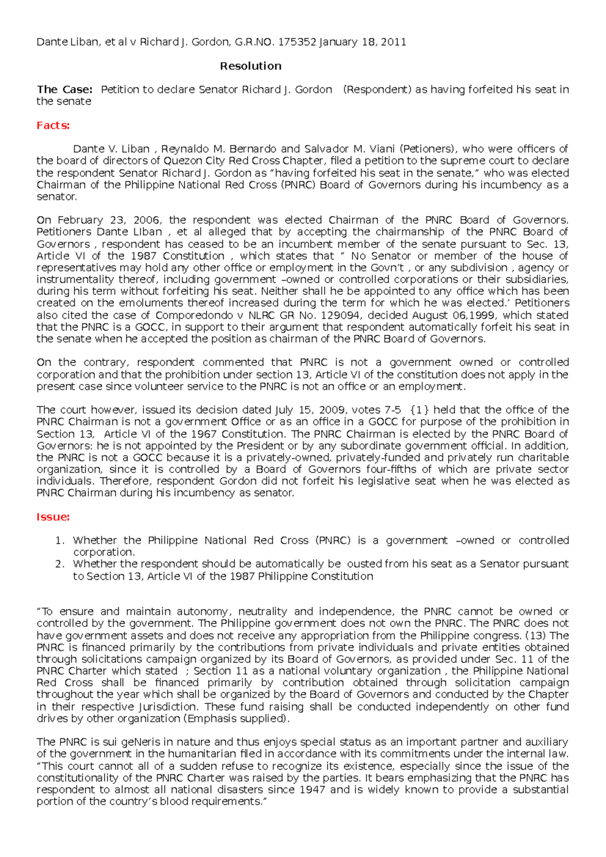 Liban VS. Gordon - NOTES - Dante Liban, et al v Richard J. Gordon, G.R ...