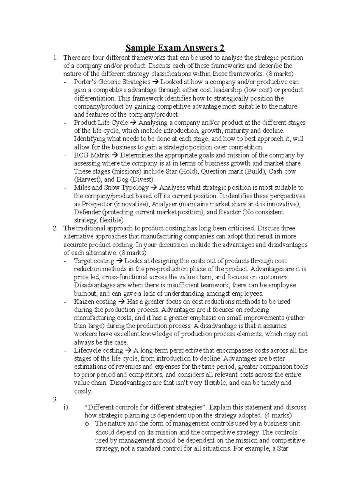 Sample Exam Answers 2 - Discuss each of these frameworks and describe ...