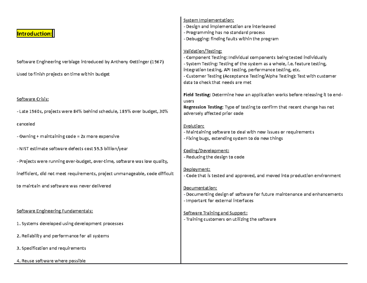 SOEN 341 - Notes Summary - Introduction: Software Engineering verbiage ...