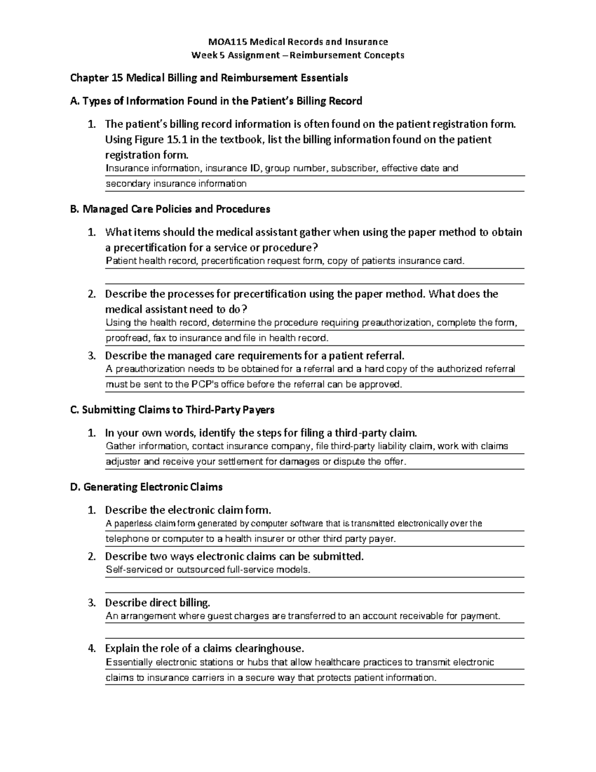 Week 5 Assignment Worksheet (1) Reimbursement concepts - MOA115 Medical Records and Insurance ...