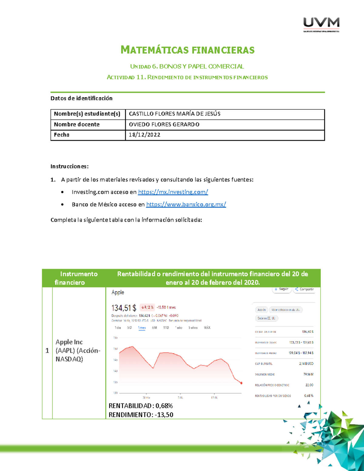 U6 Tabla Rendimiento A11 - MATEMÁTICAS FINANCIERAS UNIDAD 6. BONOS Y ...
