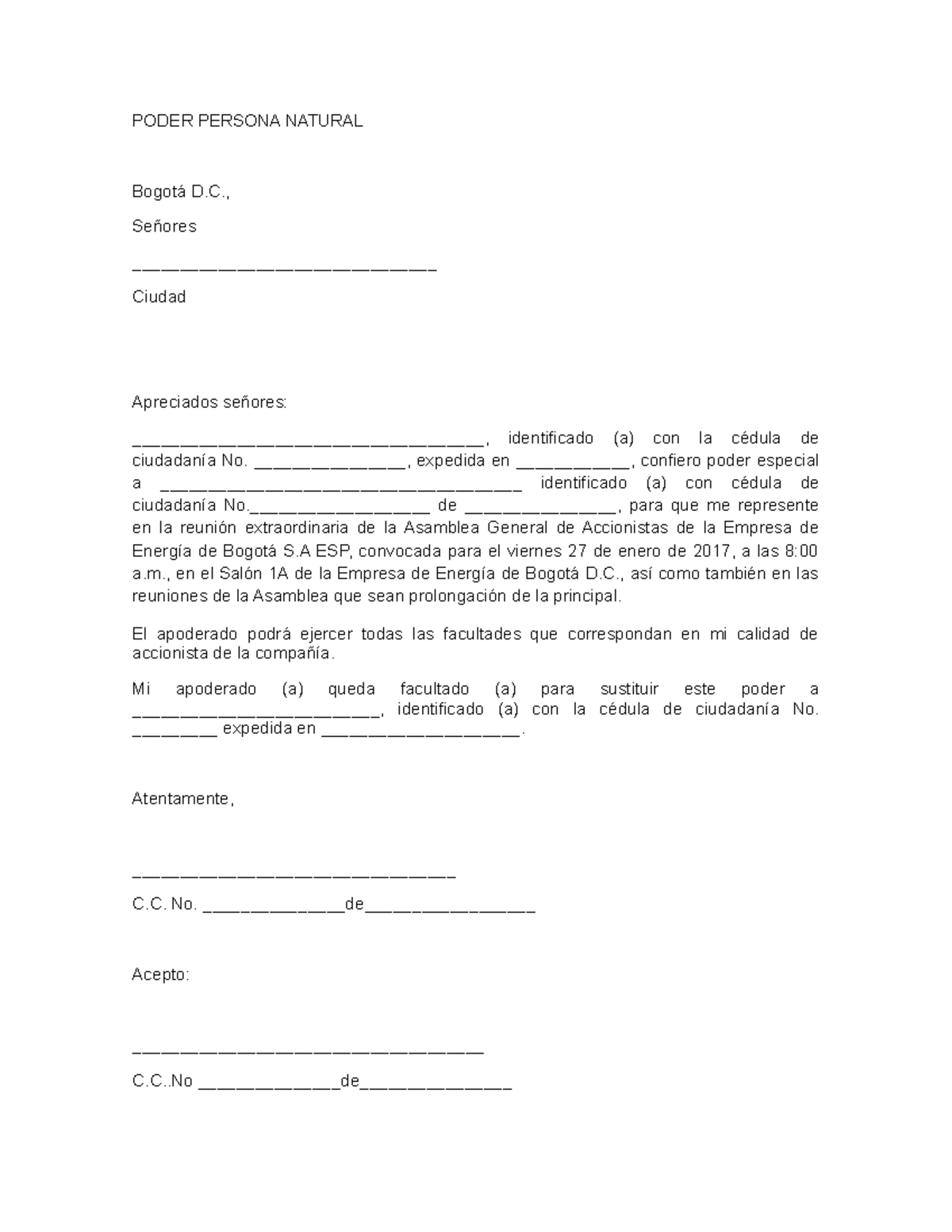 Modelo de poder notarial en Colombia - PODER PERSONA NATURAL Bogotá D ...