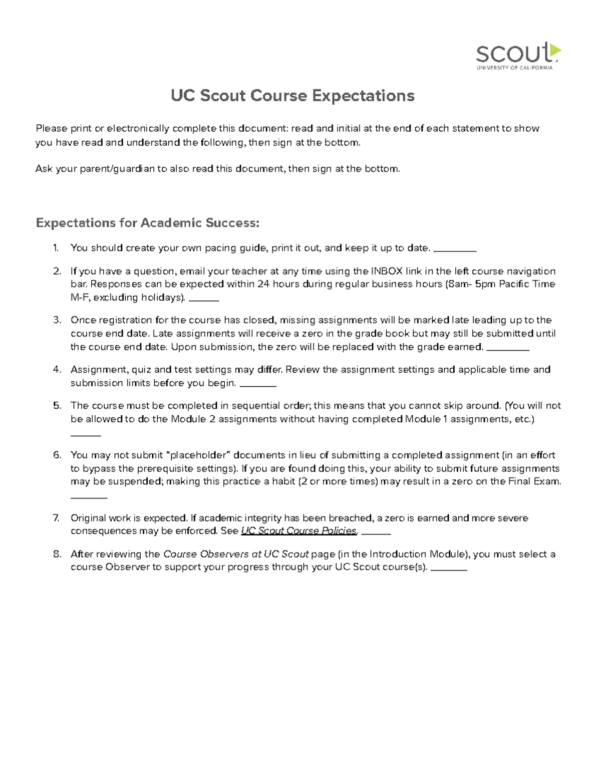 2022 Course Expectations - UC Scout Course Expectations Please print or ...