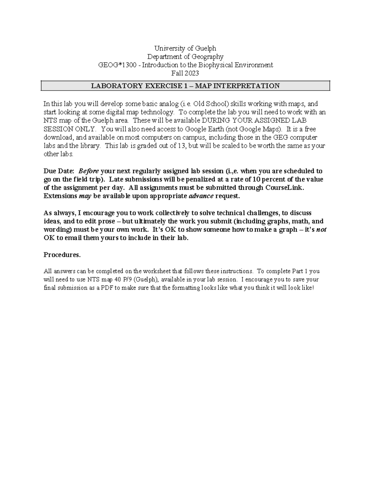 Lab 1 Map interpretation - University of Guelph Department of Geography GEOG*1300 - Introduction ...