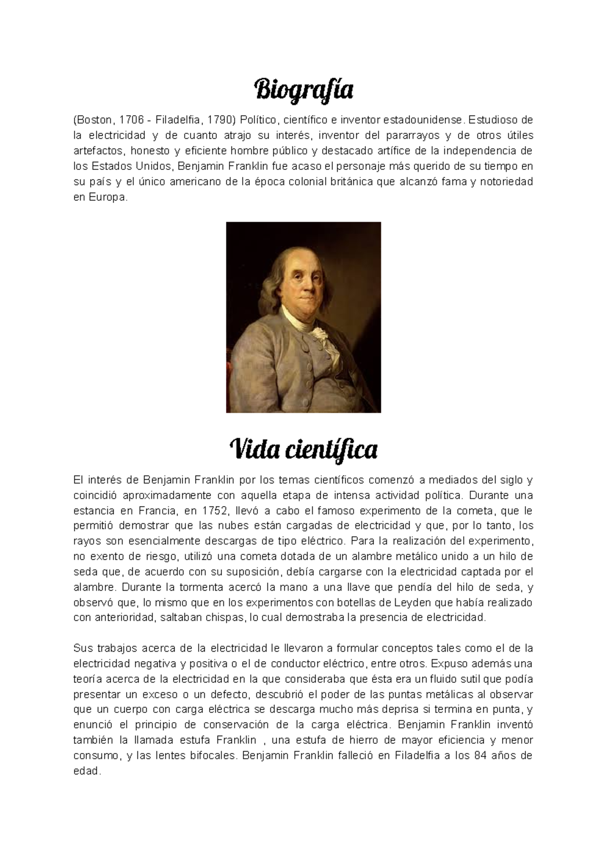 Benjamin Franklin - Biografí (Boston, 1706 - Filadelfia, 1790) Político, científico e inventor ...