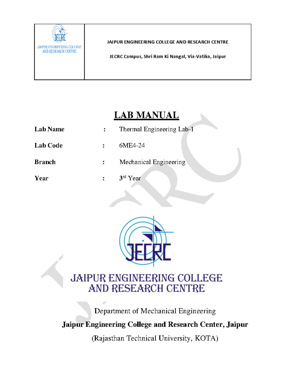 6ME4 24 Thermal Engineering LAB I - JECRC Campus, Shri Ram Ki Nangal ...