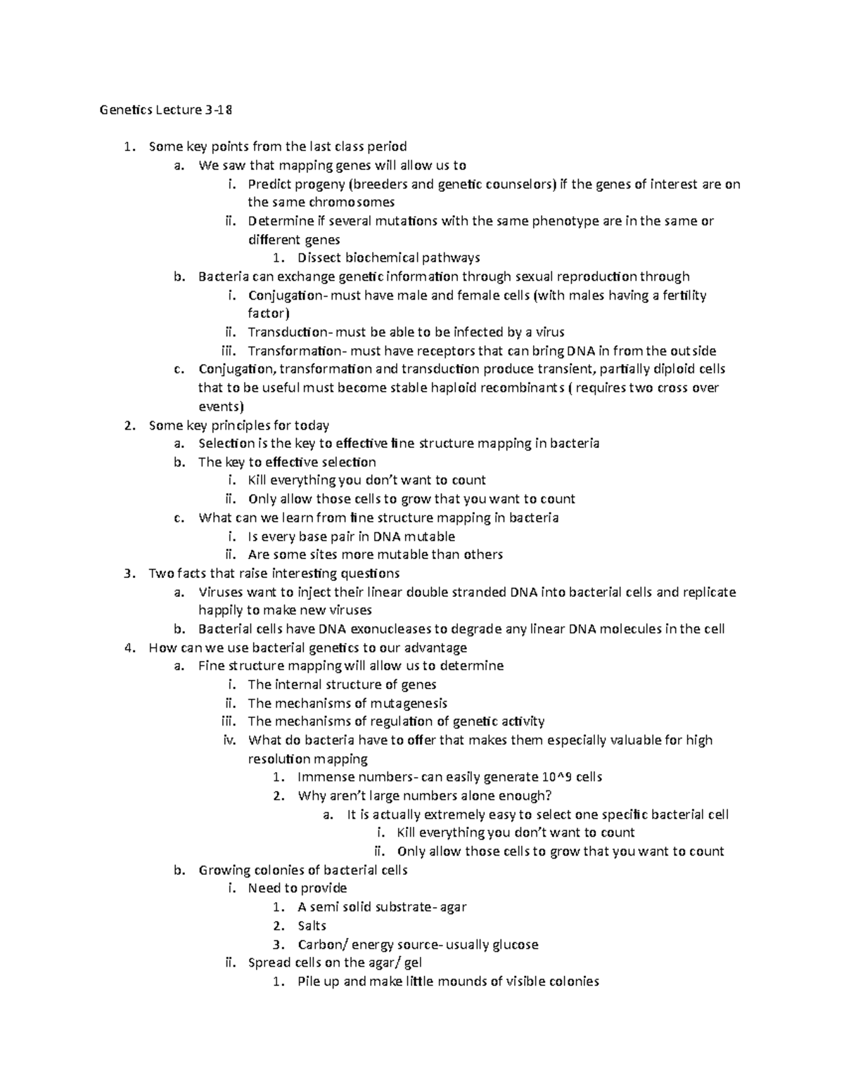Genetics Lecture 3-18 - Some key points from the last class period a ...