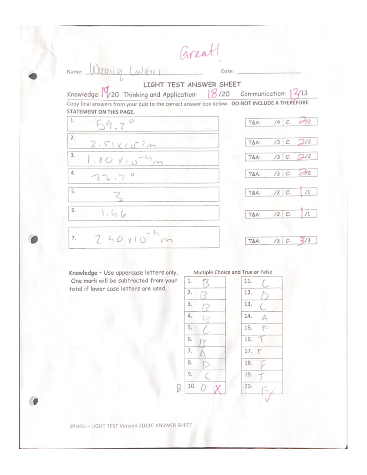 Light TEST Answer Sheet - Csc148H1 - Studocu