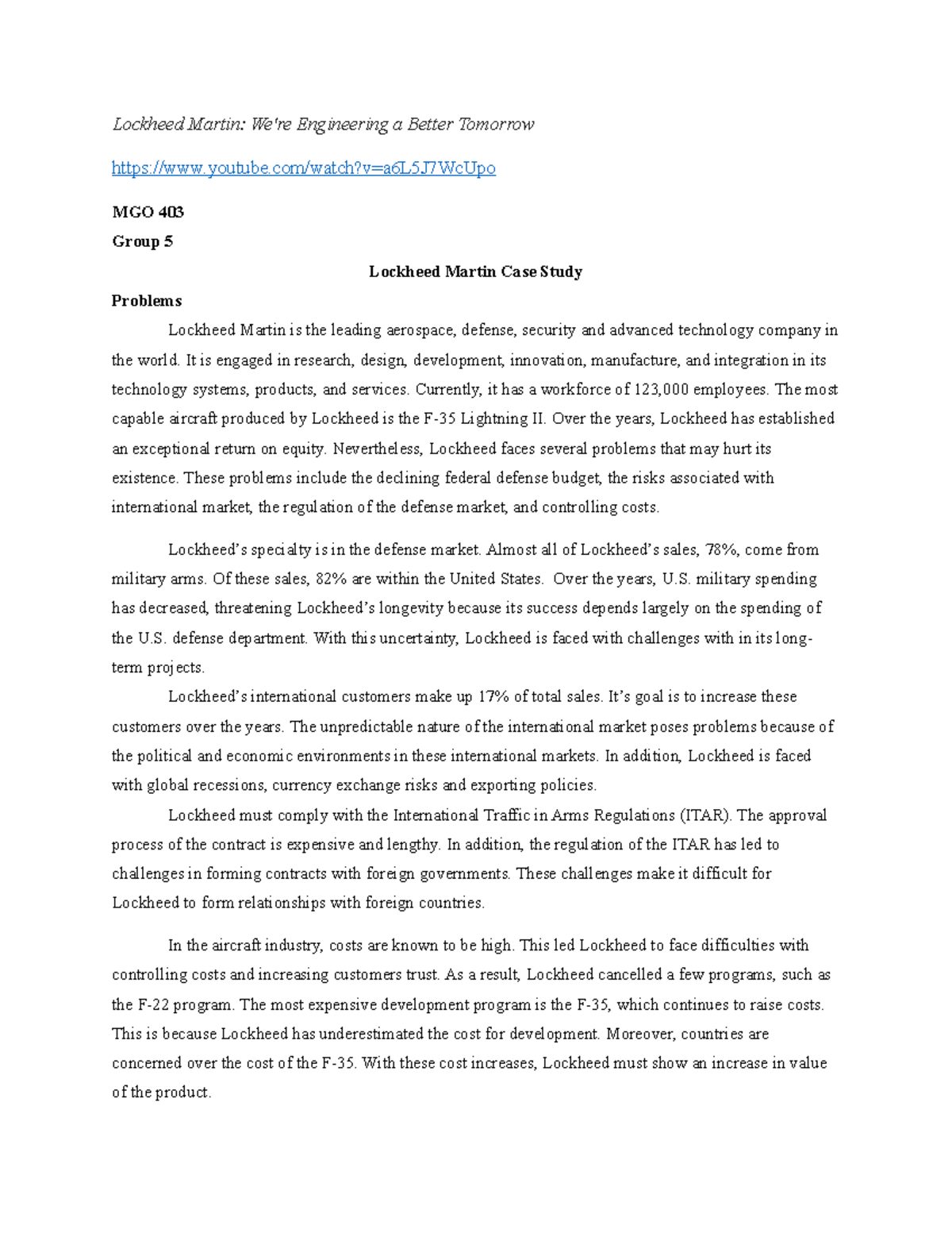 Lockheed Martin Case - Group project results that got an A on ...