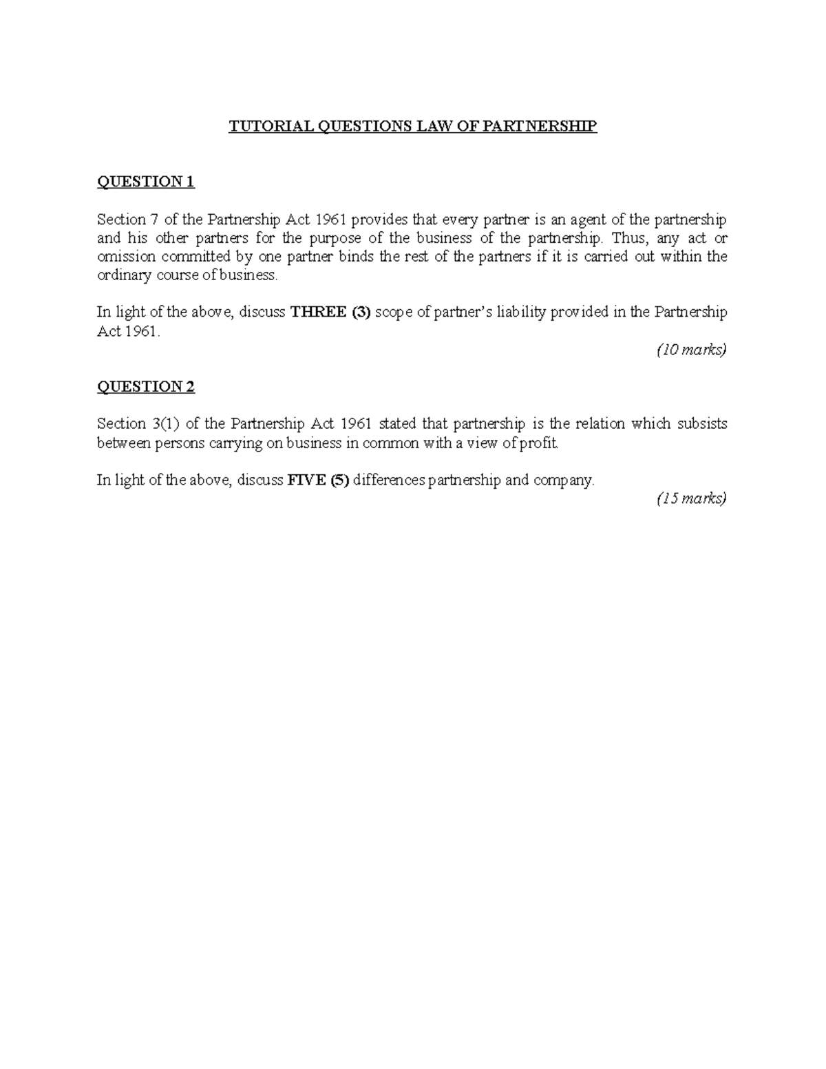 Tutorial Questions Chapter 8 - TUTORIAL QUESTIONS LAW OF PARTNERSHIP ...