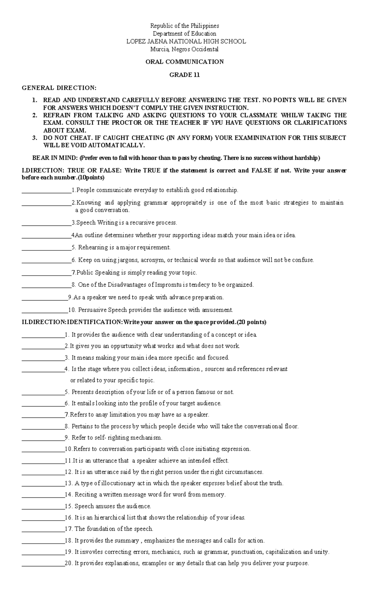 541728063 ORAL Communication Examination 2ND Grading - Republic of the ...