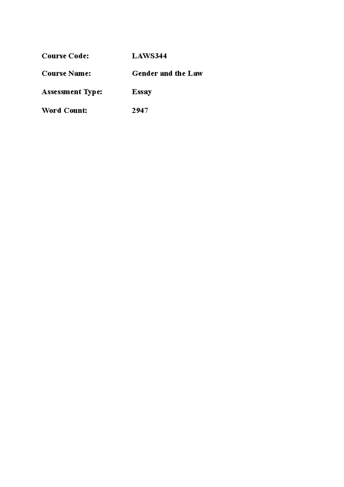 Essay Course Code LAWS Course Name Gender And The Law Assessment