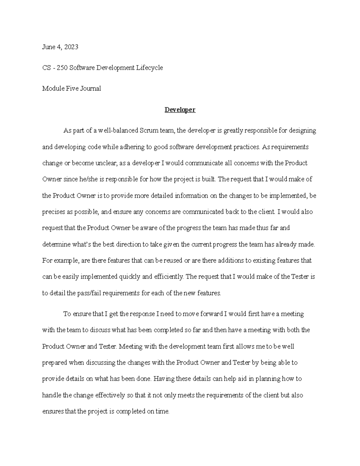 CS-250-Module Five Journal - June 4, 2023 CS - 250 Software Development Lifecycle Module Five ...
