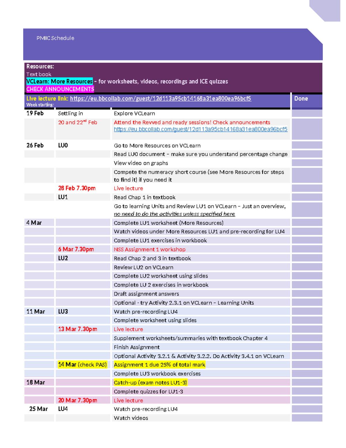 PMIC schedule and checklist 24 S1 - Resources: Text book VCLearn: More ...