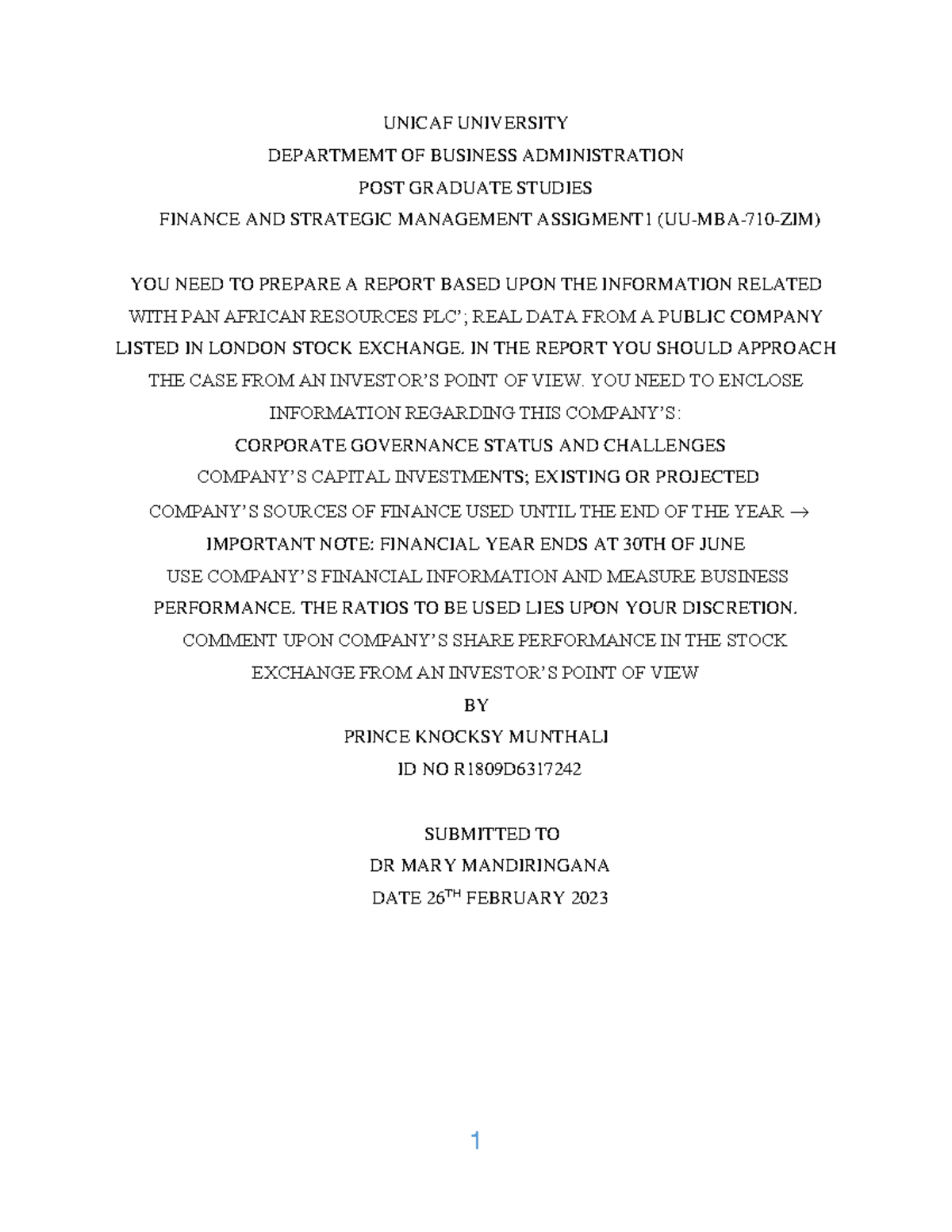 Assignment ON Finance AND Strategic Management WEEK 4 - UNICAF ...