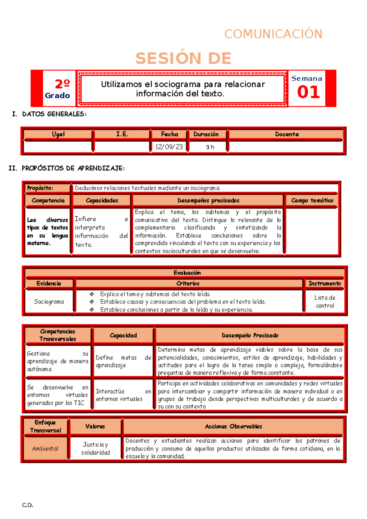 2° Sesión DE Aprendizaje Sesión 2-SEM - I. DATOS GENERALES: Ugel I. Fecha Duración Docente 1 2 ...