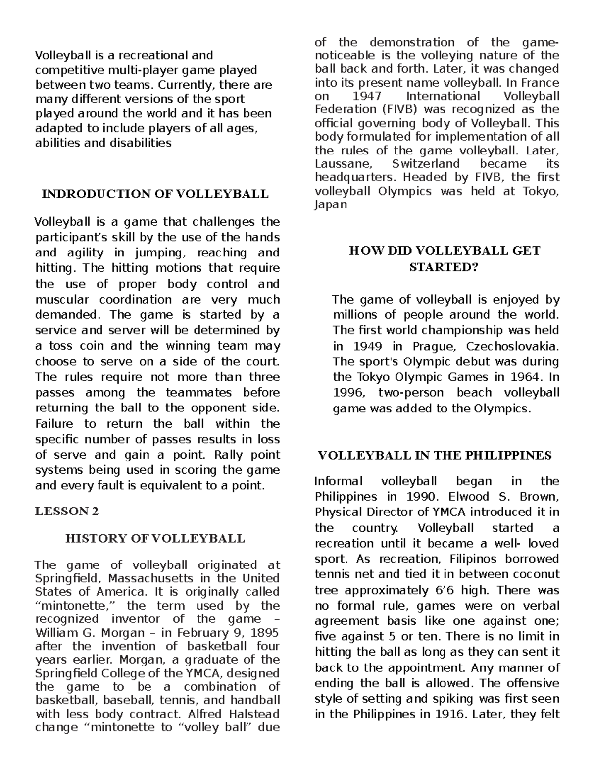 Team Sports Notes - Volleyball is a recreational and competitive multi ...