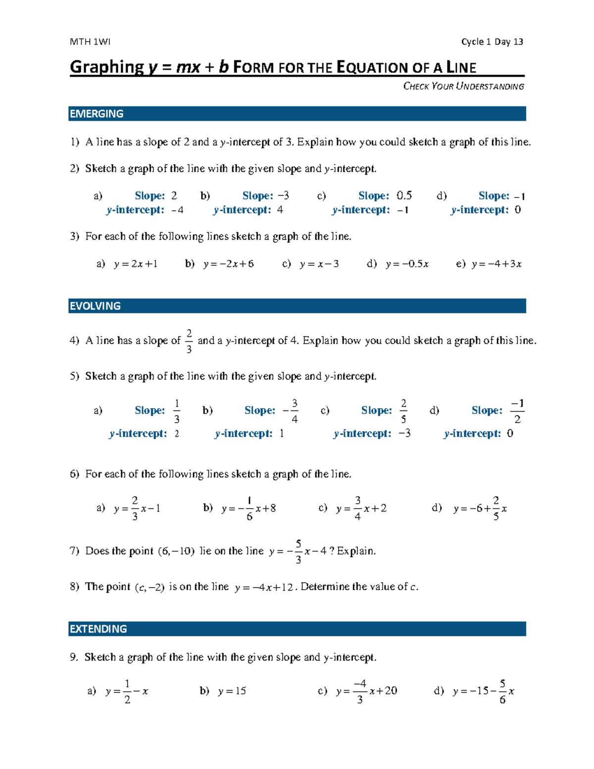1-13 Graphing y=mx+b Form for the Equation of a Line CYU - Graphing y ...