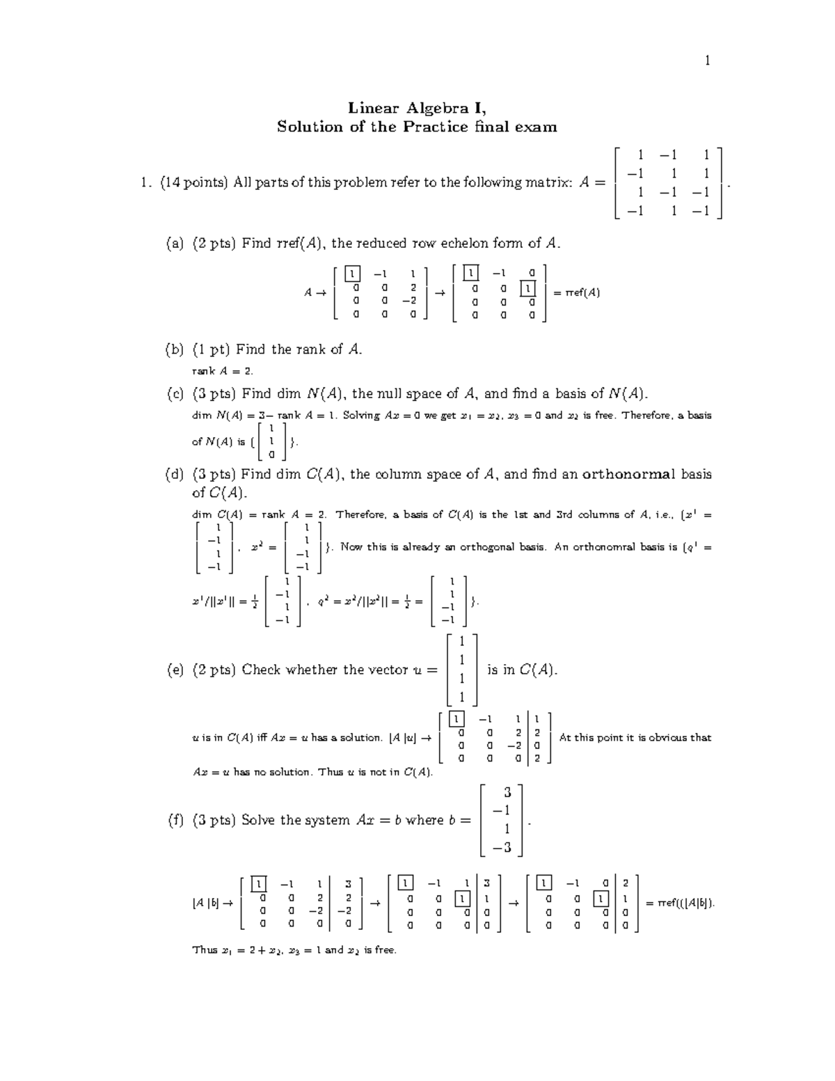 Solutions practice final - SpracticeFInal - Linear Algebra I, Solution of the Practice final ...