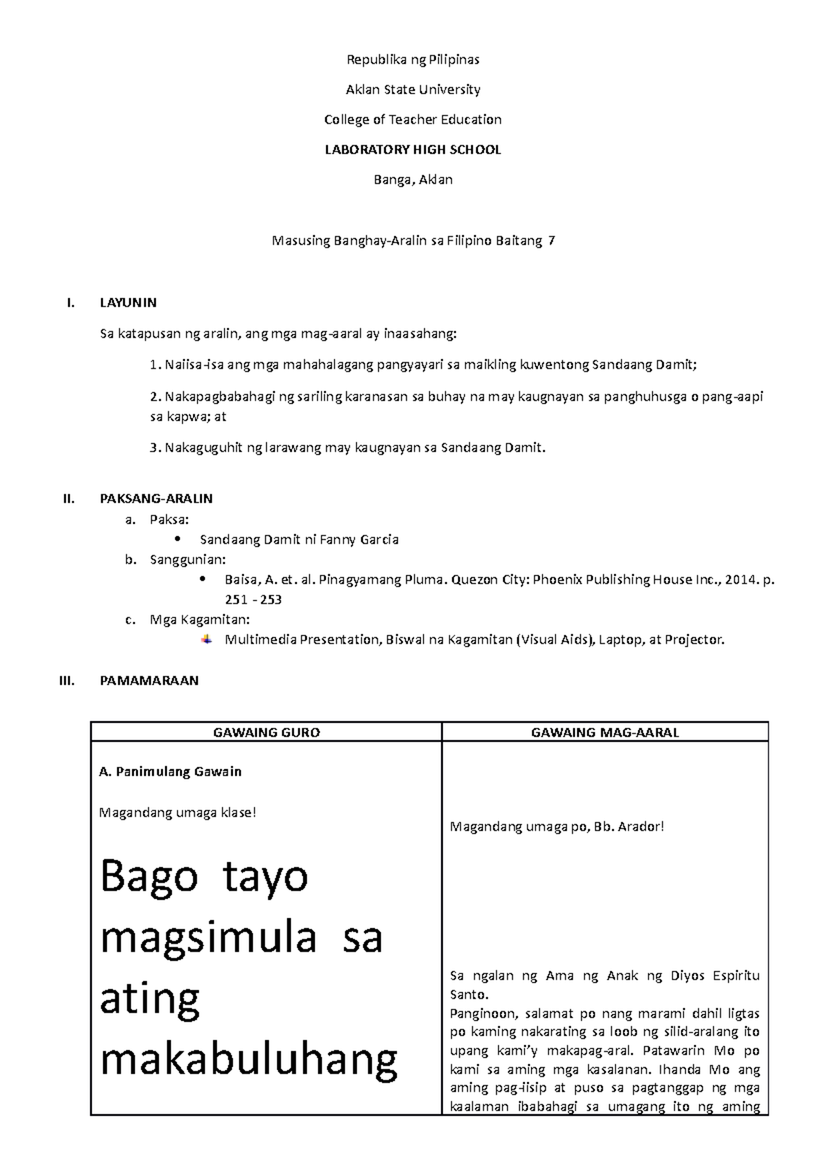 LP - Sandaang Damit - Republika ng Pilipinas Aklan State University ...