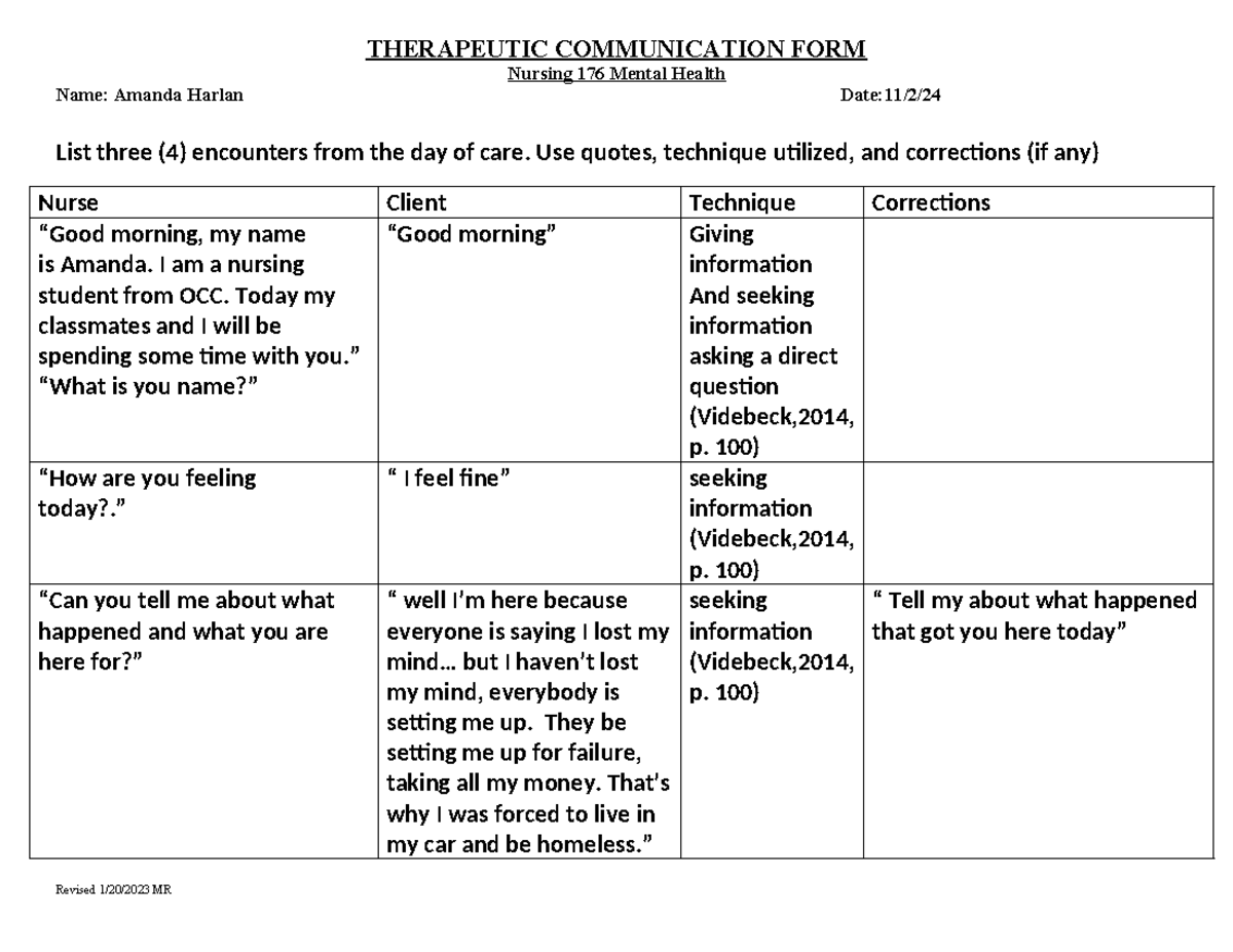 Therapeutic communication form Spring 2023 - THERAPEUTIC COMMUNICATION ...