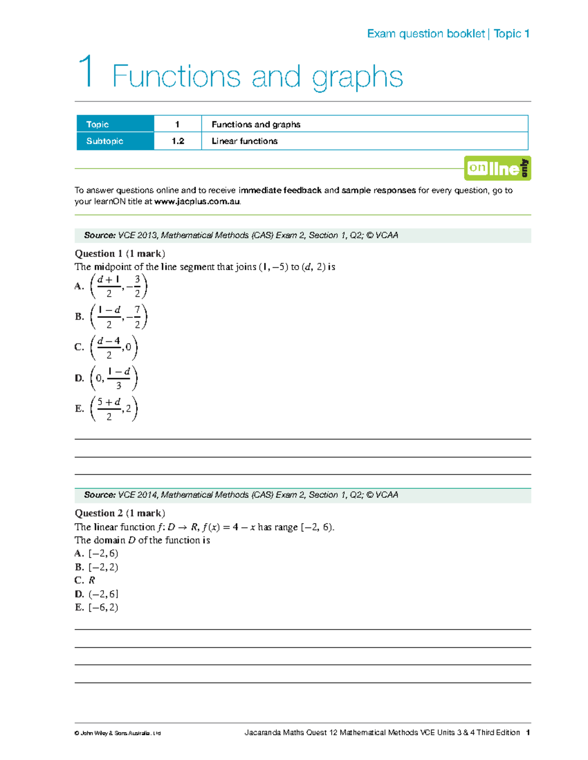 Ch1 Exam question booklet - 1 Functions and graphs Topic 1 Functions ...