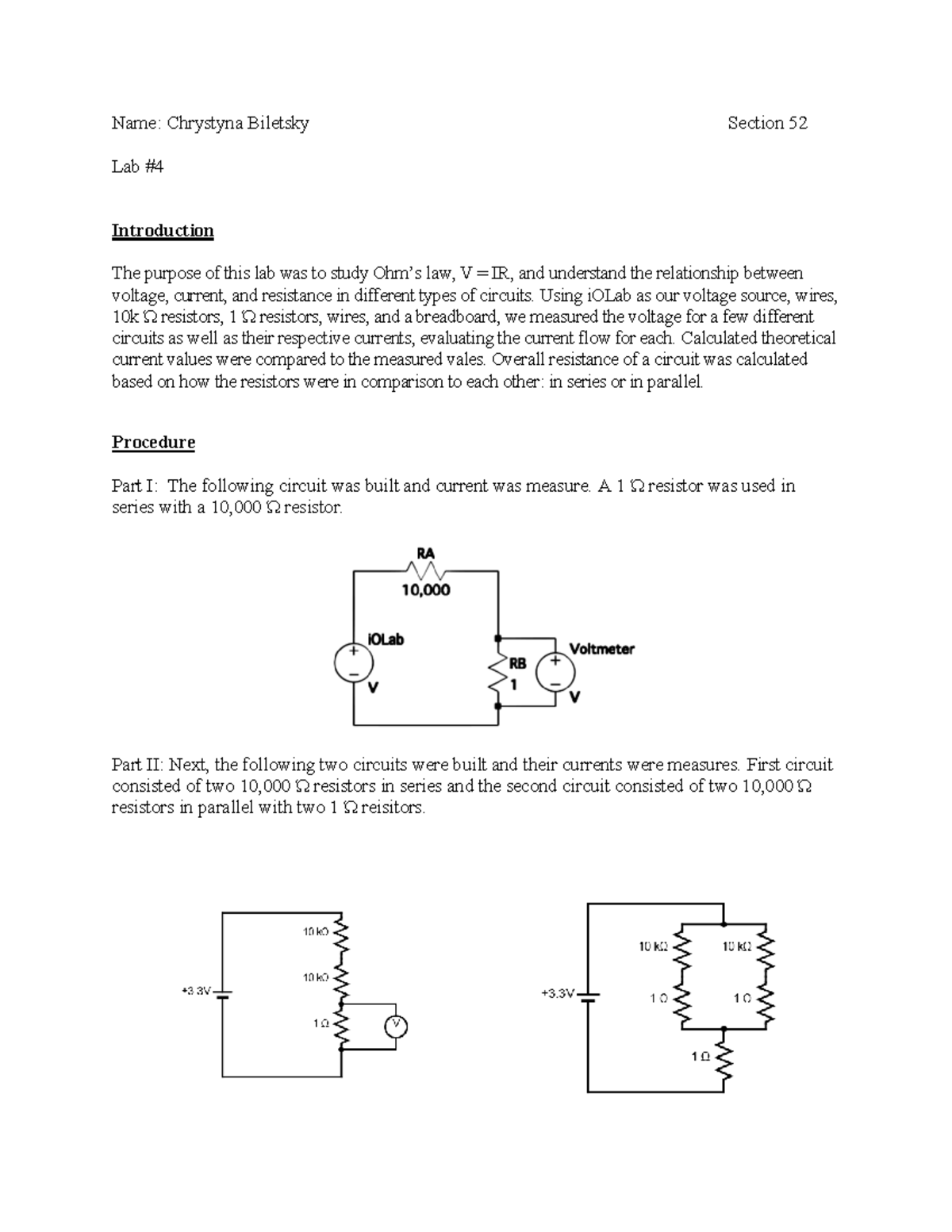 Lab 4- Ohm's Law - Name: Chrystyna Biletsky Section 52 Lab ...
