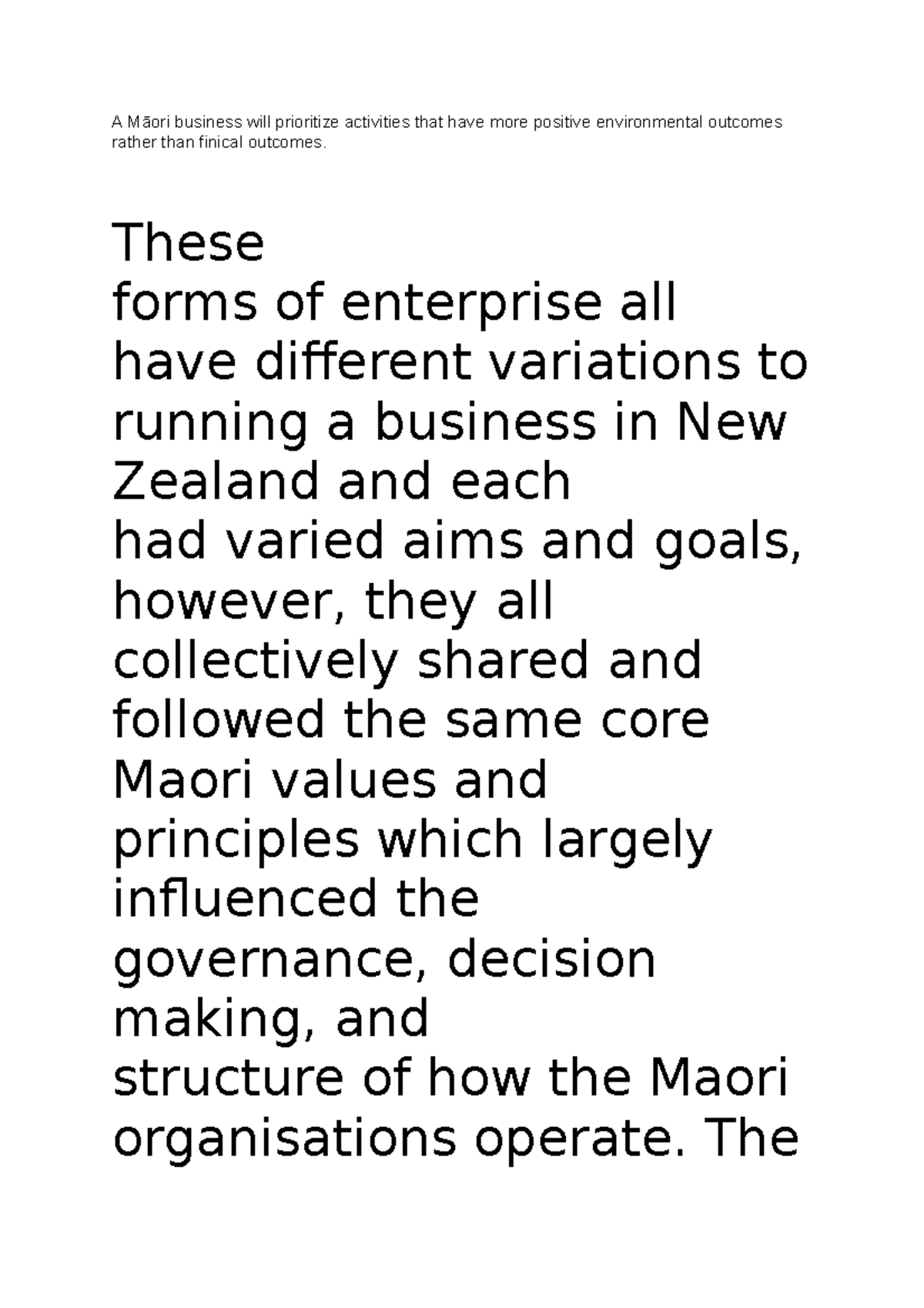 Maori businesses - summary of course - A Māori business will prioritize ...