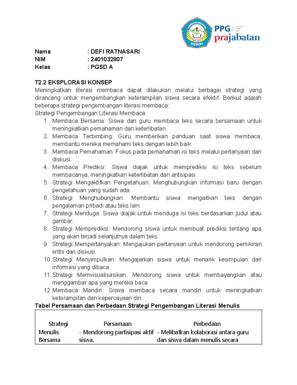 T2.2 Eksplorasi konsep - Nama : DEFI RATNASARI NIM : 2401032807 Kelas ...