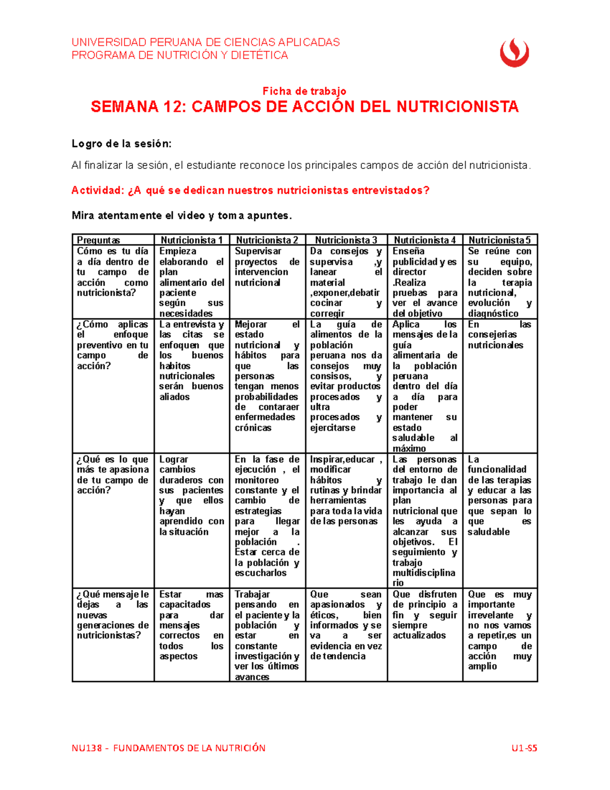 FT NU138-U3-S12-Campos de acción de nutricionista - UNIVERSIDAD PERUANA DE CIENCIAS APLICADAS ...