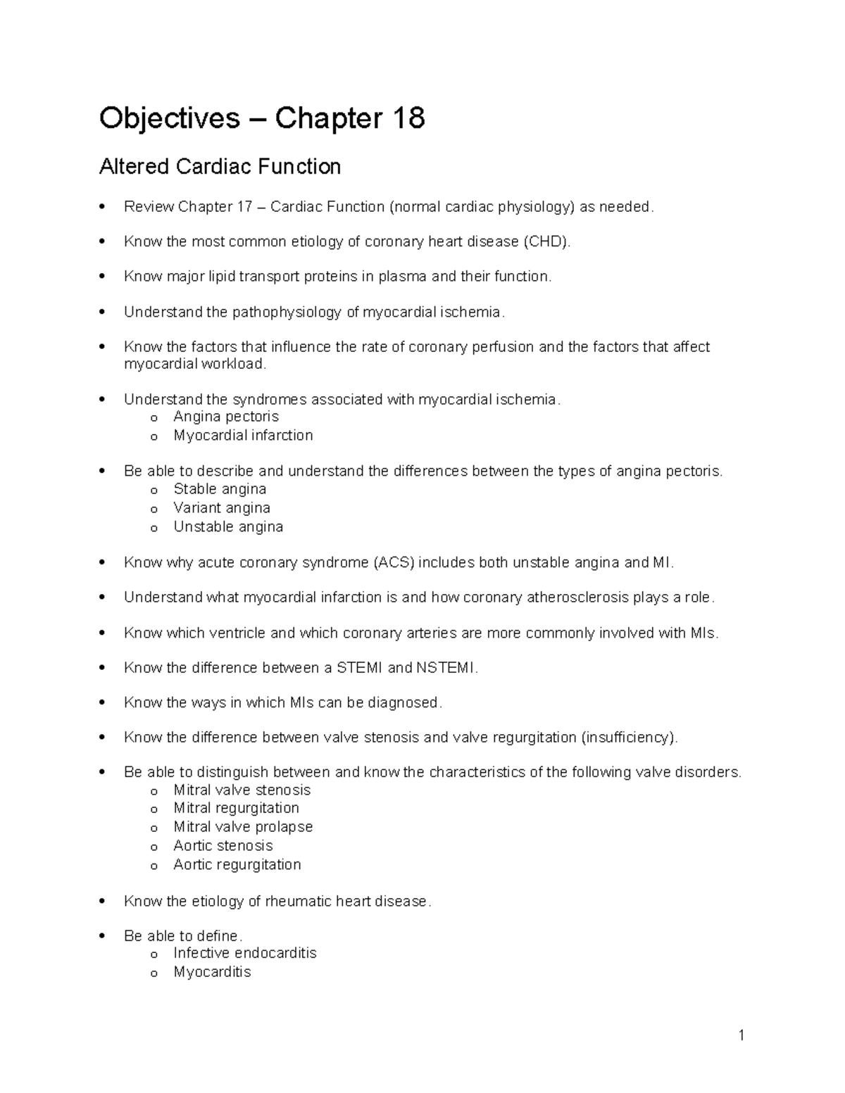 Chapter 18 - Altered Cardiac Function - Objectives – Chapter 18 Altered ...