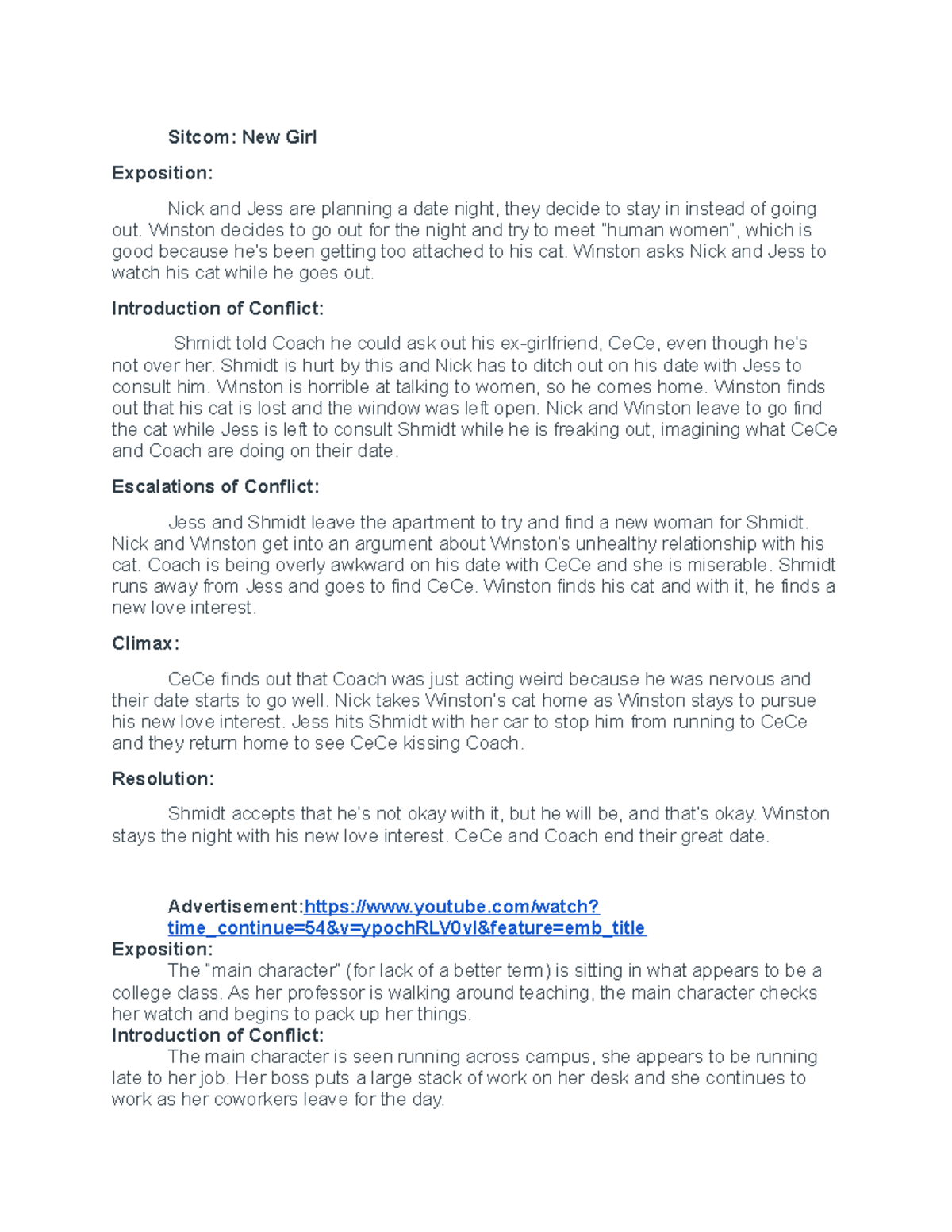 Exercise 4 - Sitcom: New Girl Exposition: Nick and Jess are planning a ...