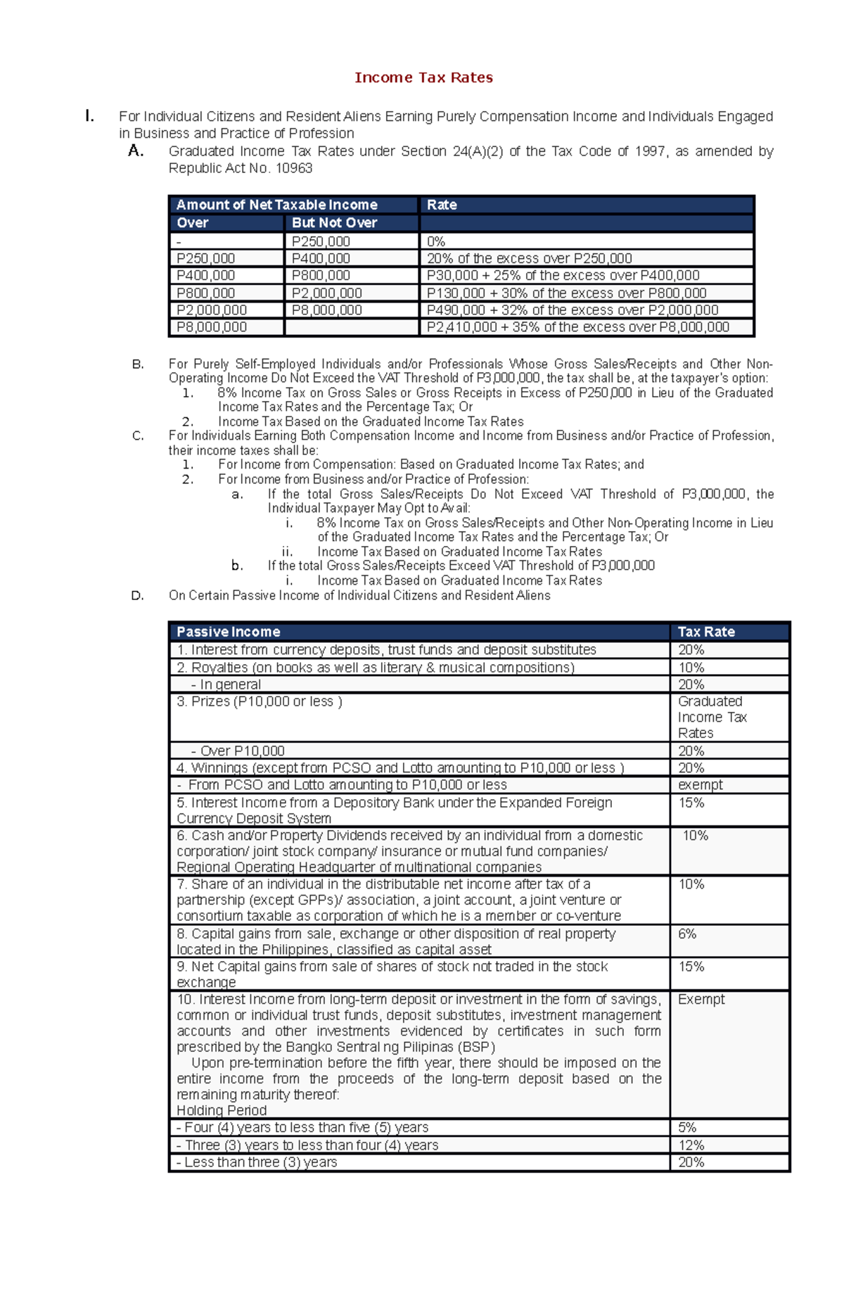 Tax Reviewer Train law Rates and Computations - Income Tax Rates I. For ...