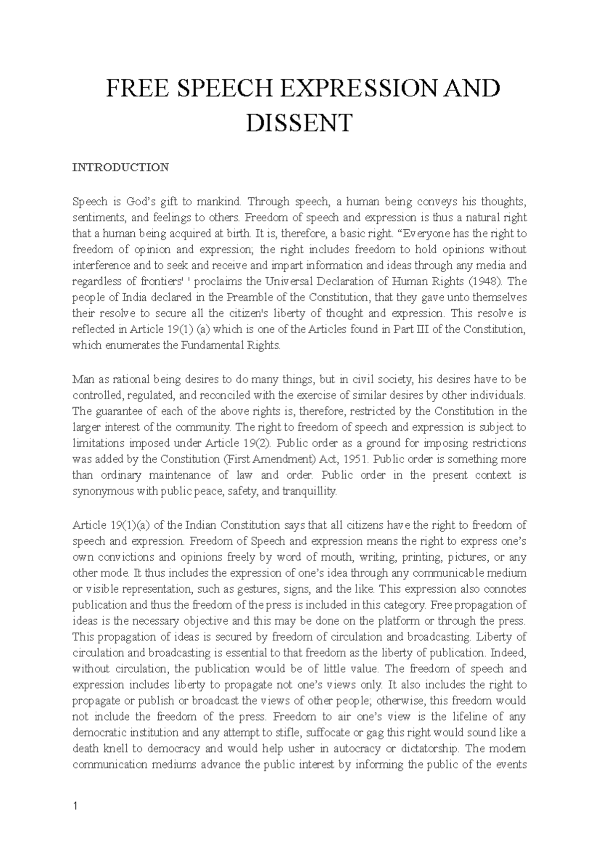 Free speech expression and dissent - FREE SPEECH EXPRESSION AND DISSENT ...