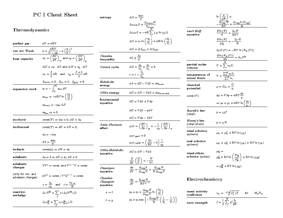 Formelsammelung Thermodynamik und Kinetik - PC I Cheat Sheet entropy ...