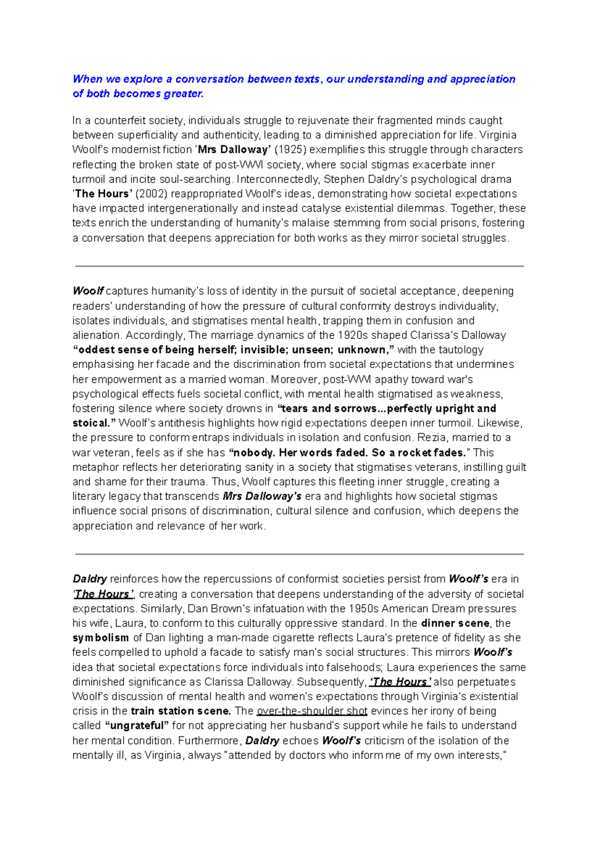 MOD A HSC - Comparative essay on Mrs Dalloway and The Hours - When we ...