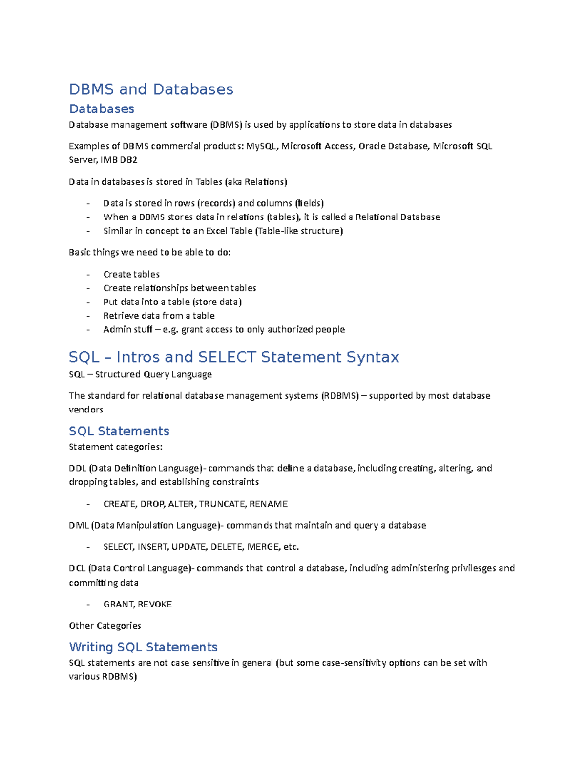 Class Notes - Lesson 1 - Rational Database and SQL - DBMS and Databases ...