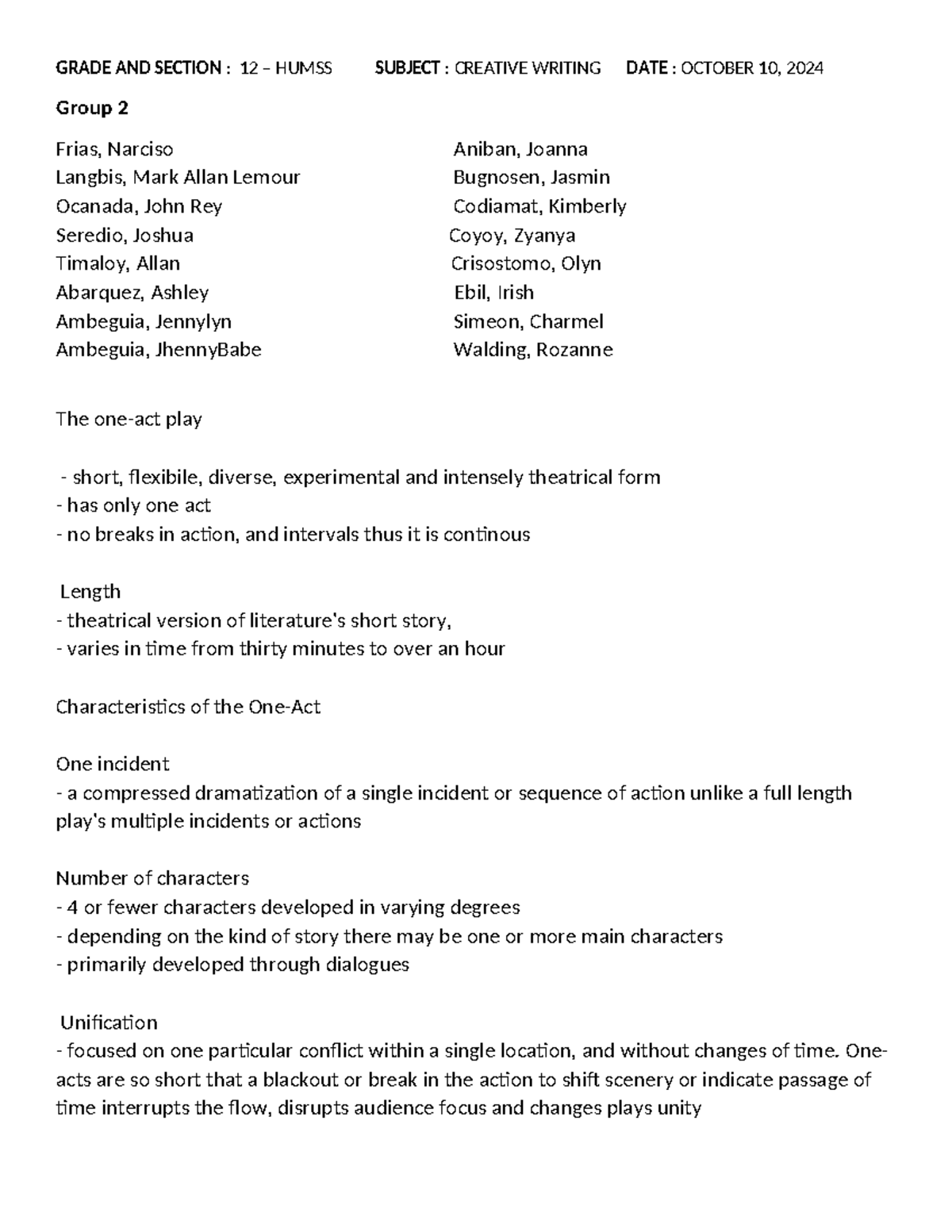 Creative Writting : settings and atmosphere - GRADE AND SECTION : 12 ...