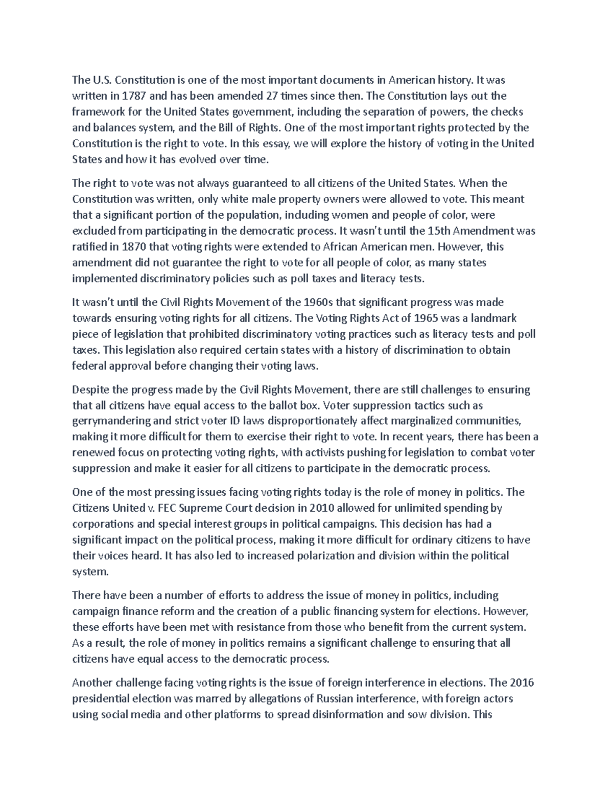 The U.S. Constitution and the Vote - The U. Constitution is one of the ...