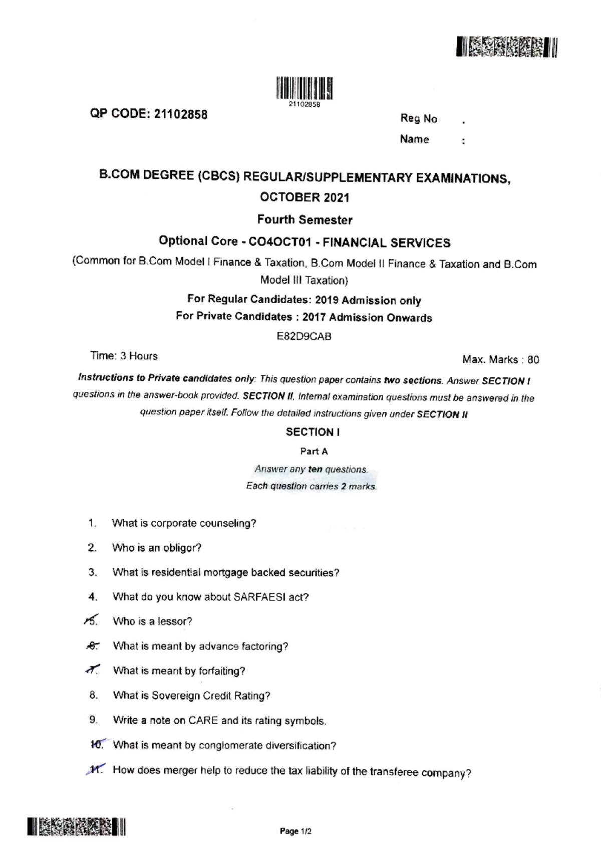 Financial Services 2 - Qstn papr - 21102858 QP CODE: 21102858 Reg No Name : B DEGREE (CBCS ...
