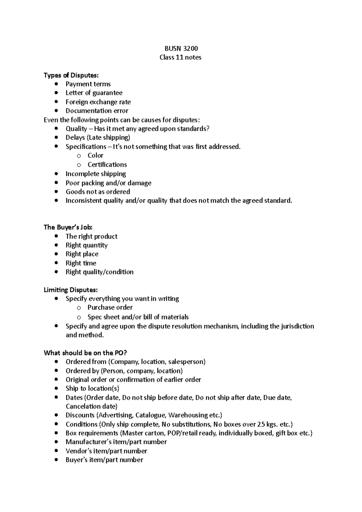 BUSN 3200 - Class 11 notes - BUSN 3200 Class 11 notes Types of Disputes ...
