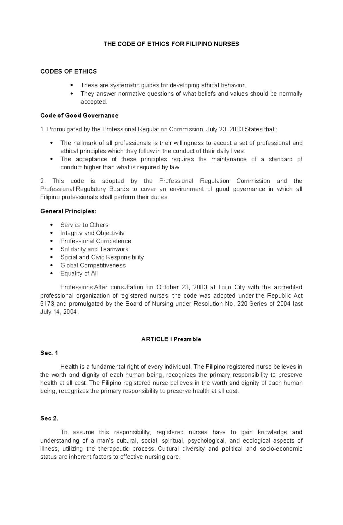 THE CODE OF Ethics FOR Filipino Nurses - THE CODE OF ETHICS FOR ...