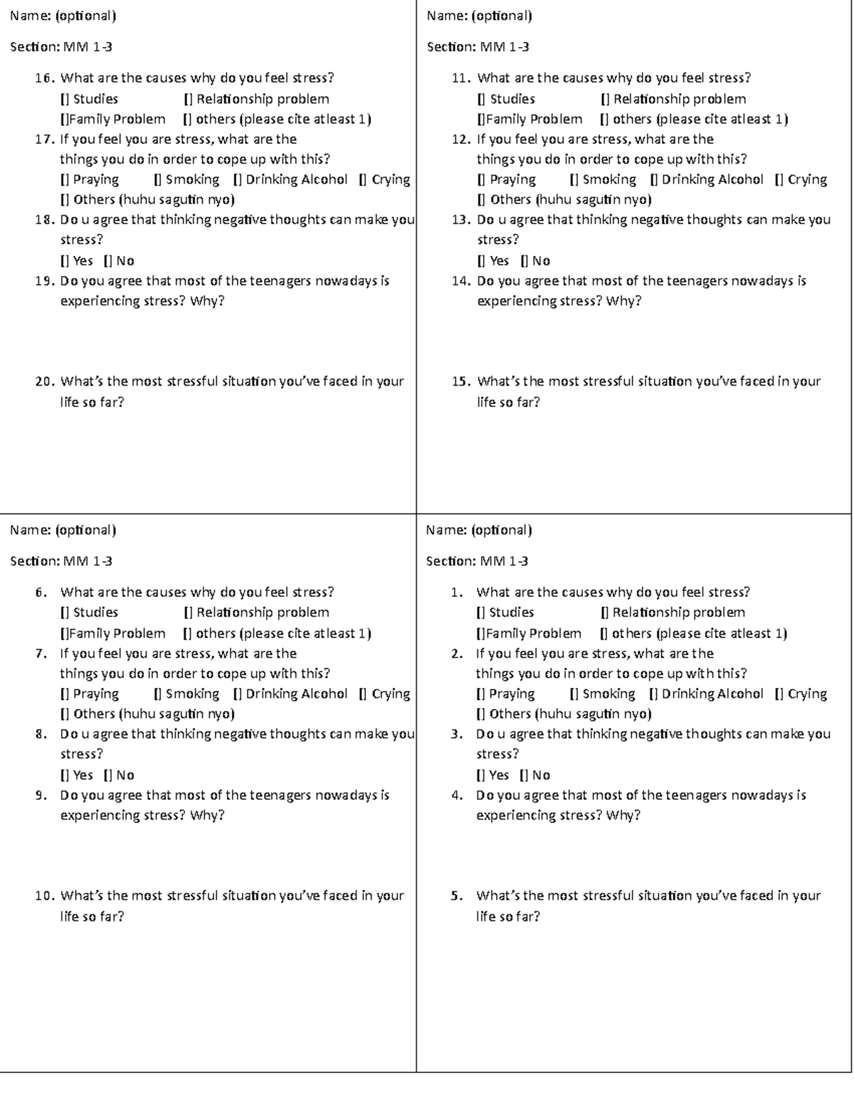 Questionnaire - Questions - Name: (optional) Section: MM 1- What are ...
