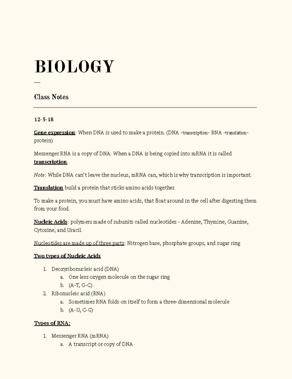 Class notes - BIOLOGY ___ Class Notes 12-5- Gene expression: When DNA ...