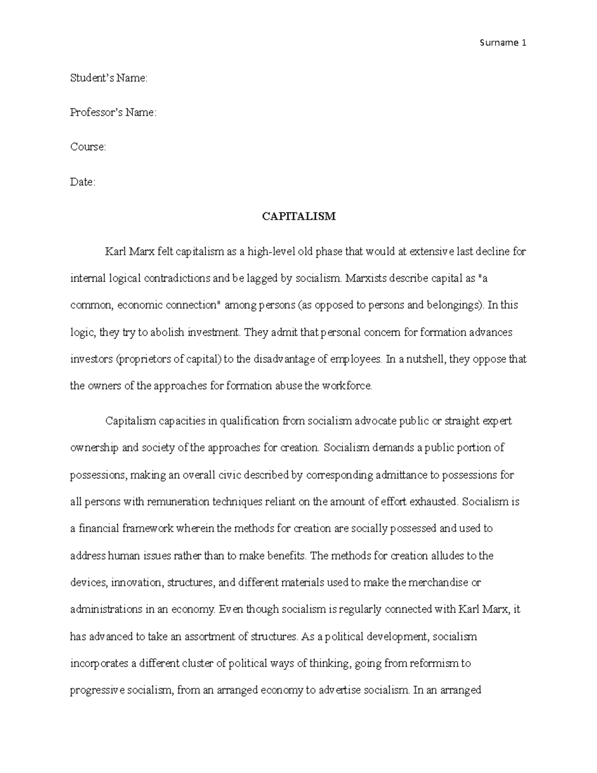 Capitalism - Student’s Name: Professor’s Name: Course: Date: CAPITALISM ...