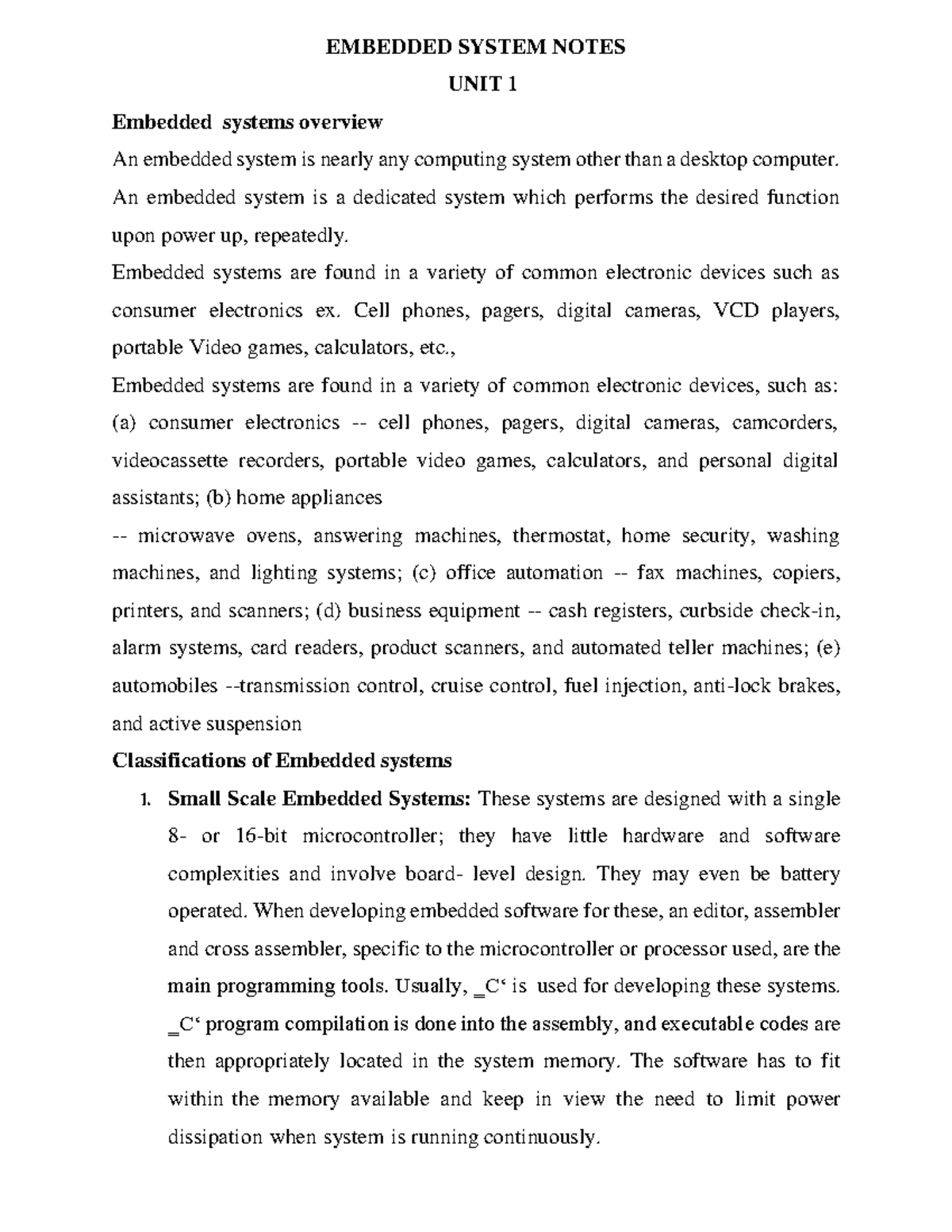 Embedded System Notes Embedded System Notes Unit 1 Embedded Systems Overview An Embedded