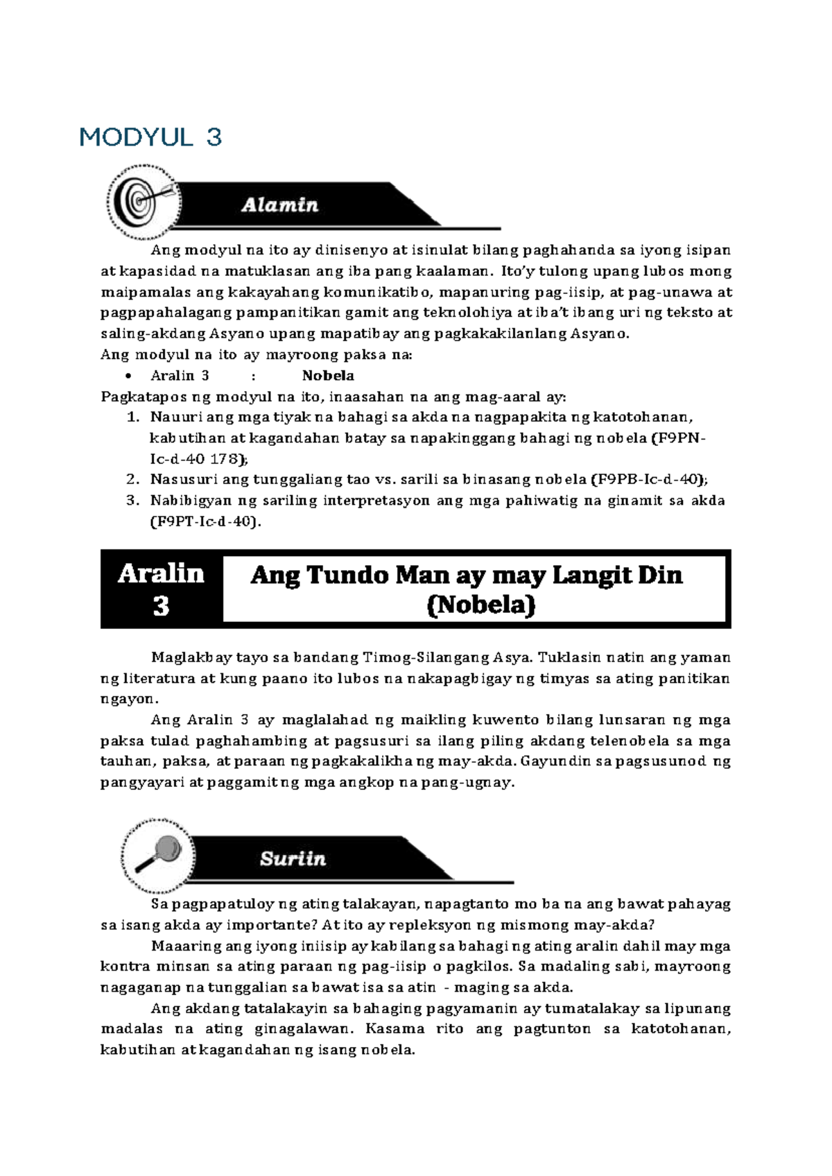 Modyul-3 - FILIPINO MODULE 3 QUARTER 1 GRADE 9 - MODYUL 3 Ang modyul na ito ay dinisenyo at ...