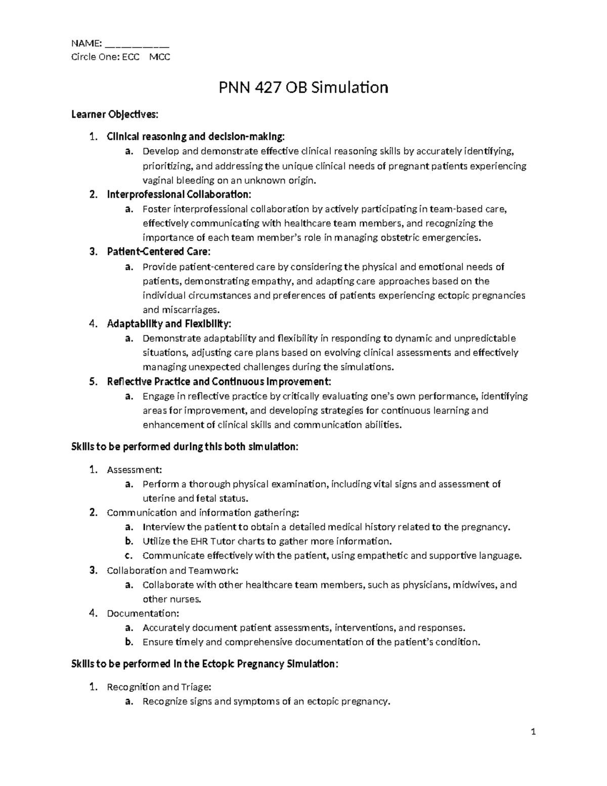 OB Simulation Prep Packet 23-24 - Circle One: ECC MCC PNN 427 OB Simulation Learner Objectives ...